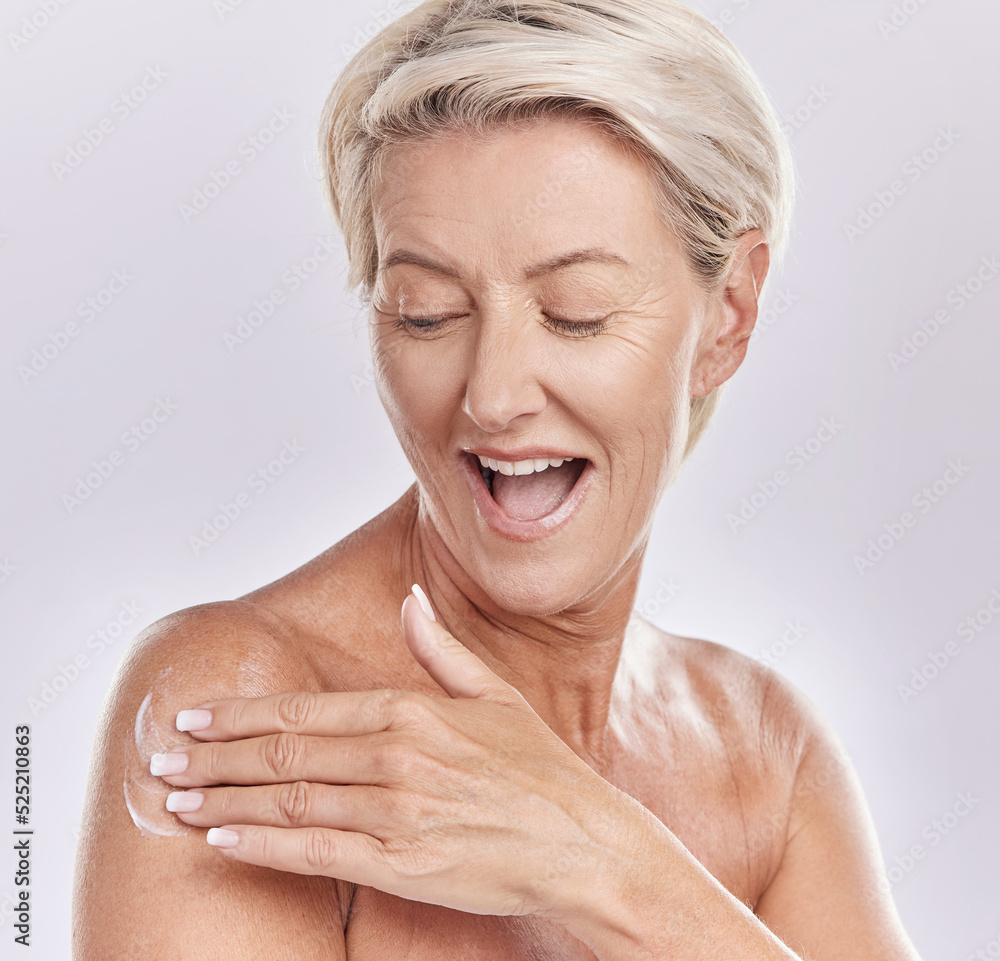 Beauty, bodycare and woman applying lotion for skincare routine ...