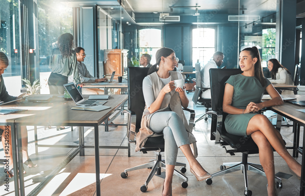 Diversity, businesswomen and open plan office with a group of executive ...