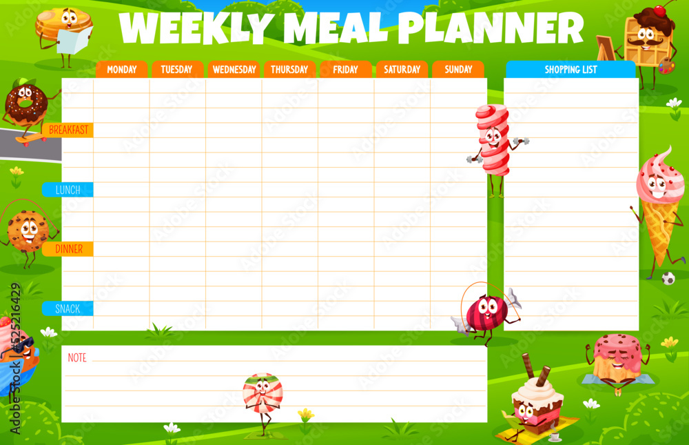 Weekly meal planner. Cartoon desserts, sweets, cookie and cake ...