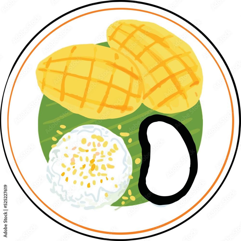 cartoon sticky rice with mango and coconut milk Stock Vector | Adobe Stock