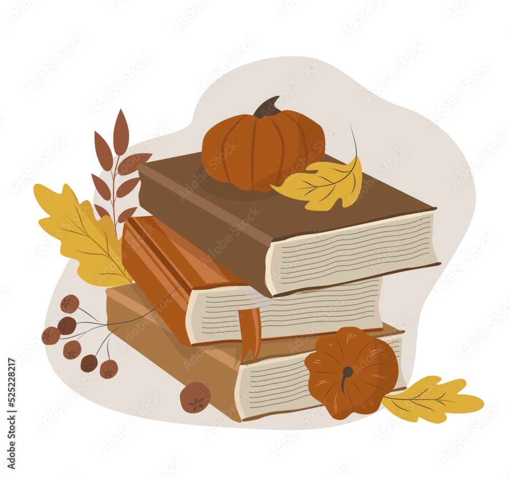 vector cute autumn illustration in flat style - stack of books, autumn ...