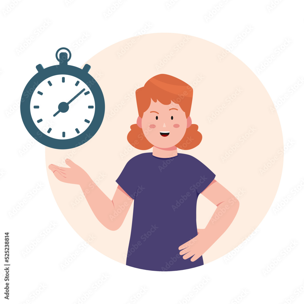 Young woman Jane standing, smiling, pointing to timer. Time set, timing ...