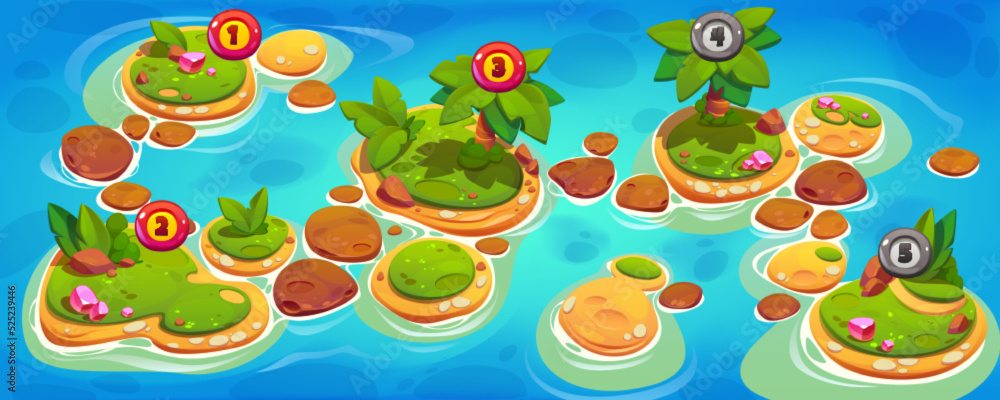 Game level map with tropical islands in sea. Game interface background ...
