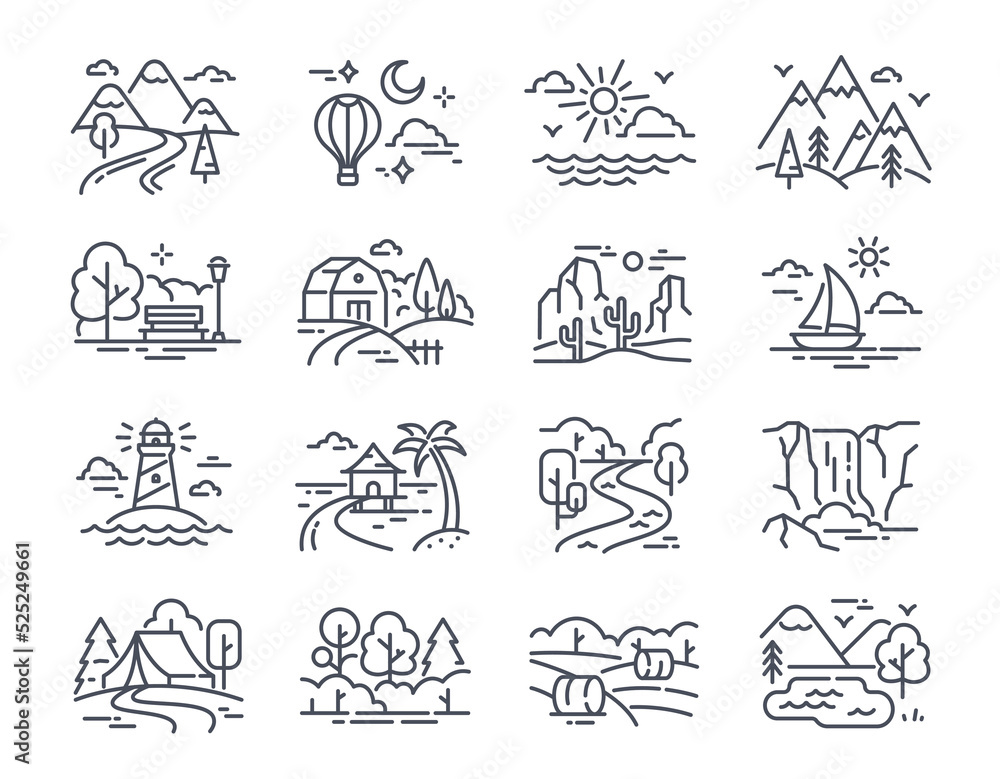 Set of linear landscapes. Icons with mountains, forests, lighthouse ...