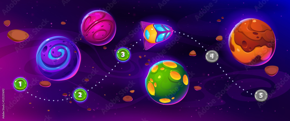Space game ui level map with shuttle flying at alien planets. Arcade ...