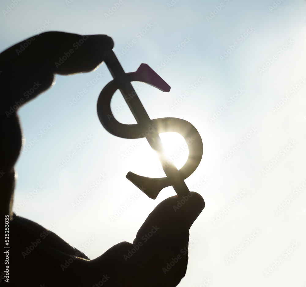 Hand hold silhouette of dollar sign , symbol of american money against ...