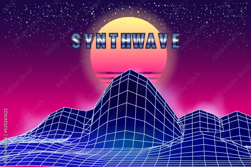 Synthwave retro banner vaporwave aesthetic background. Mountains ...