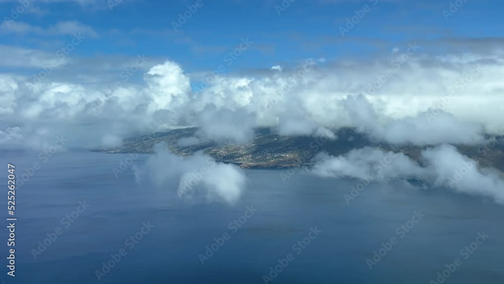 Aerial view of Madeira Island and the Funchal airport, taken at 1000m ...