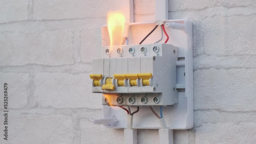 Circuit breaker ignites on fire in switch box indoors. Faulty contact ...