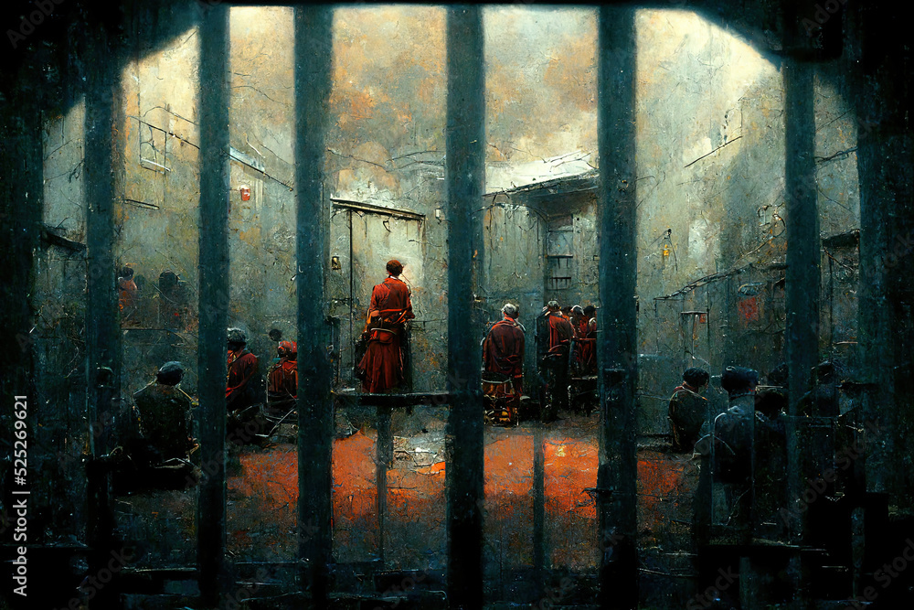 Bastille Prison with Iron Gray Bars, Medieval Castle and Mountains ...