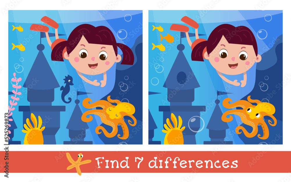 Find 7 Differences. Game for kids. Cute girl swimming underwater. Sea ...