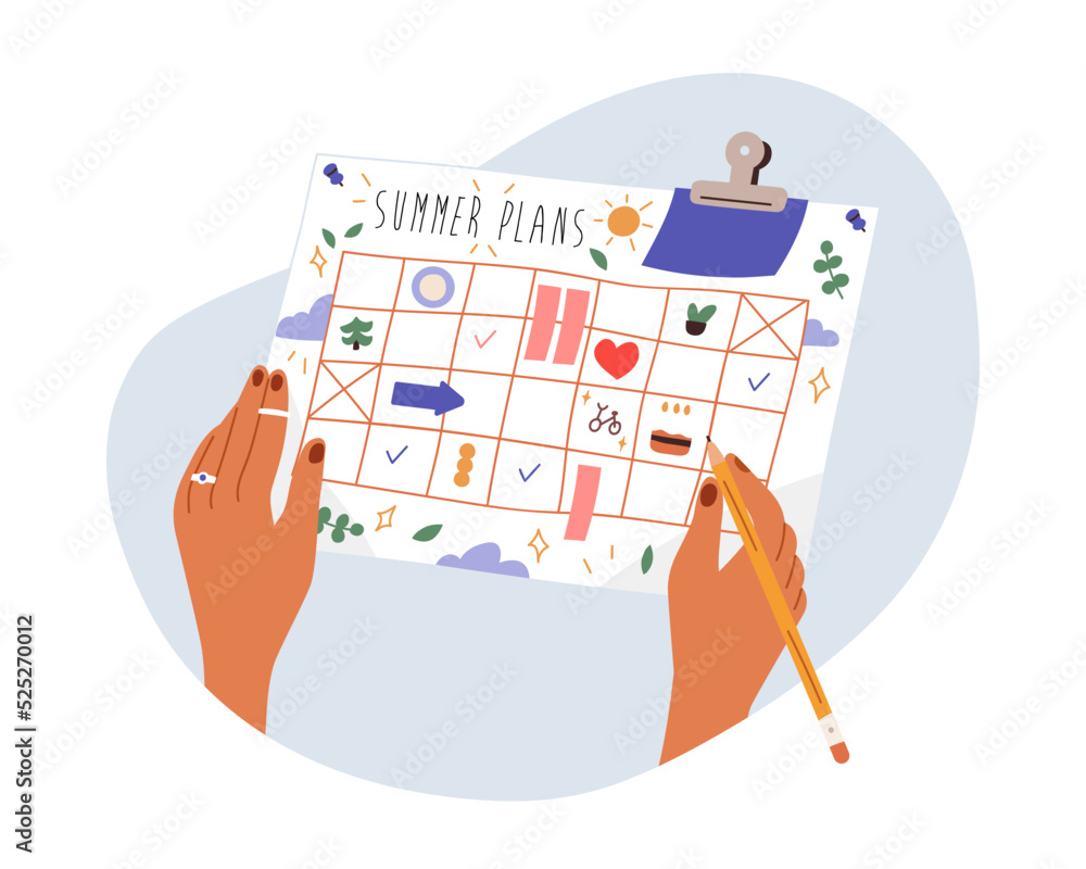 Summer plans concept. Hand writing holiday schedule in paper planner ...