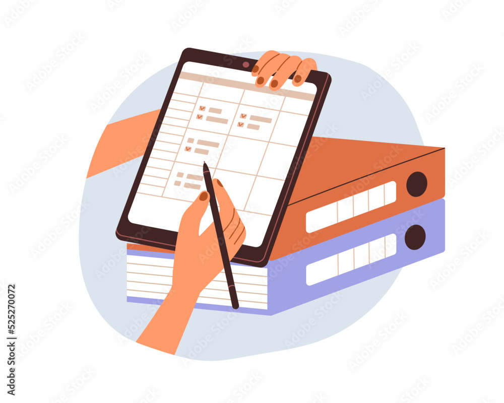 Hand with business document on clipboard, office folders, filling ...