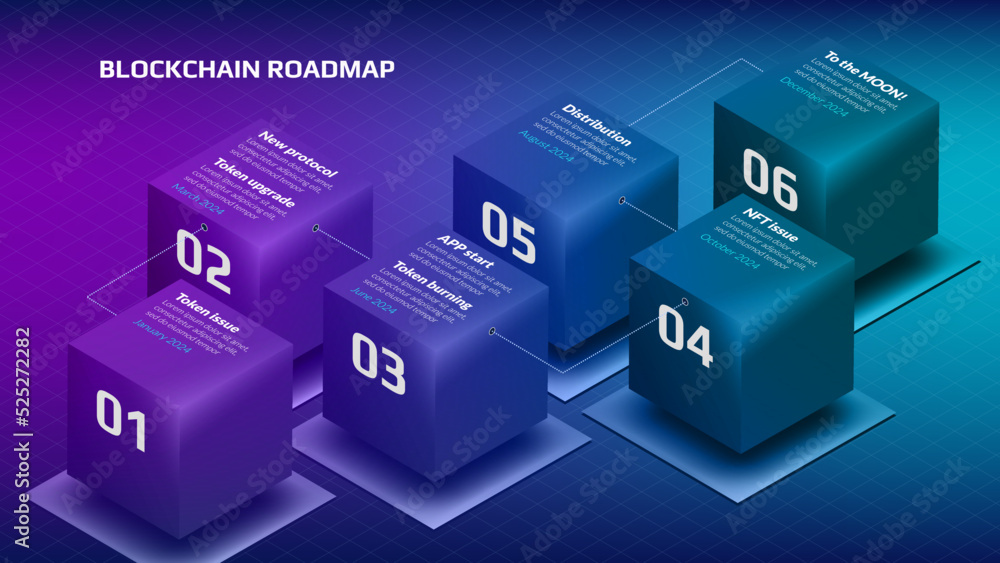 Isometric roadmap for blockchain or cryptocurrency project with flying ...