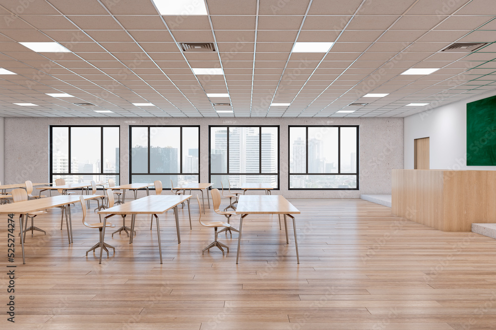 Modern wooden classroom interior with furniture and blackboard, windows ...
