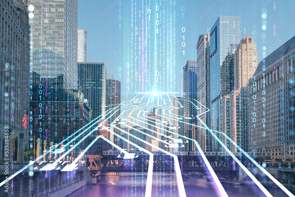 Panorama cityscape of Chicago downtown and Riverwalk, boardwalk with ...