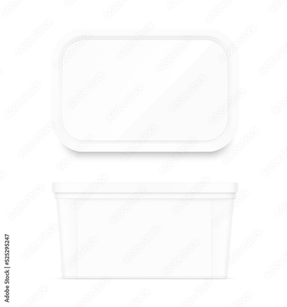 Food plastic container mockup with gloss label. Front and upper view ...