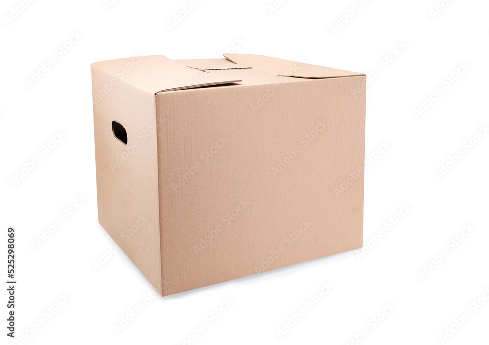 Closed cardboard box, isolated. Blank moving box, carton with handles ...