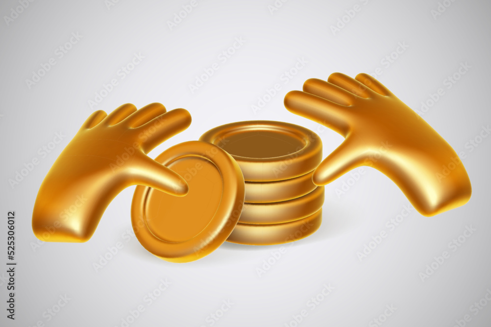 Golden 3D cartoon human hands count golden cash money. Stack of gold ...