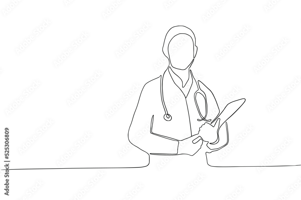 Line drawing of female health worker, Doctor isolated on white ...
