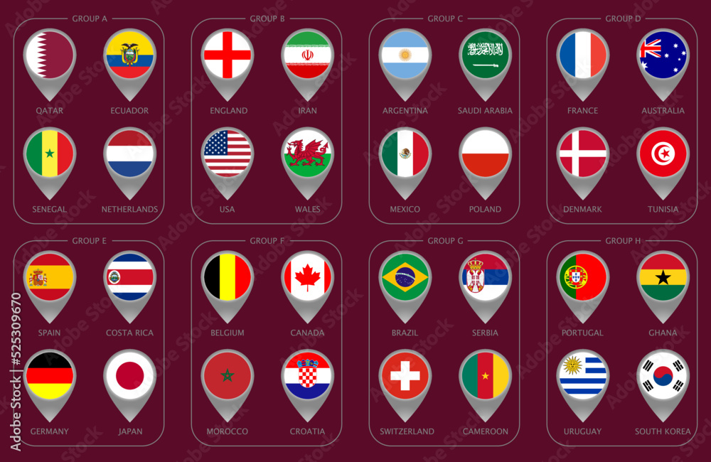 Country flags participation football world tournament 2022. Group stage ...
