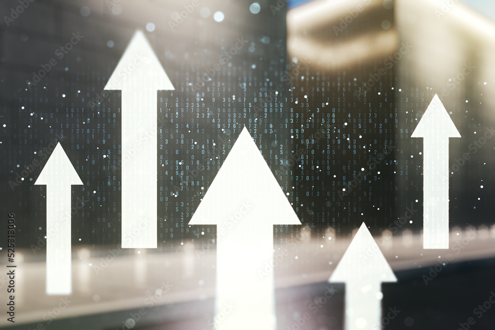 Virtual upward arrows illustration on blurry modern office building ...