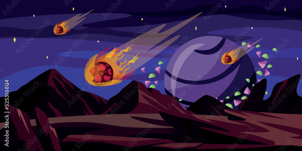 Vector illustration of dangerous meteorites. Cartoon space landscape ...