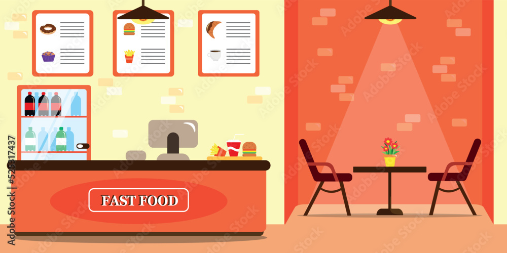 Vector illustration of modern interior fast food cafe. Cartoon interior ...