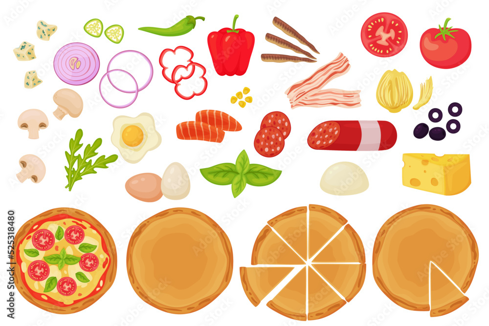Cartoon pizza ingredients. Italian cuisine fast food, cooking time ...