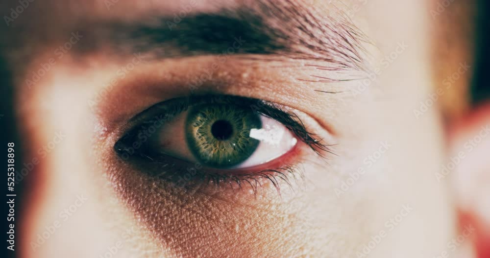 Portrait, vision and green eye of man staring with microblading and ...