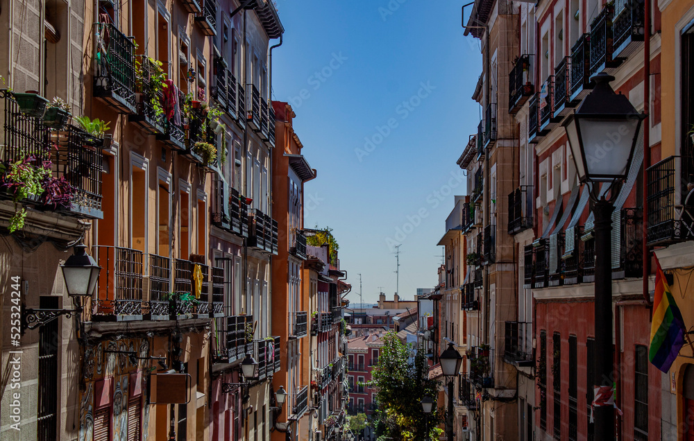 Exterior view of beautiful historical buildings in Madrid, Spain ...