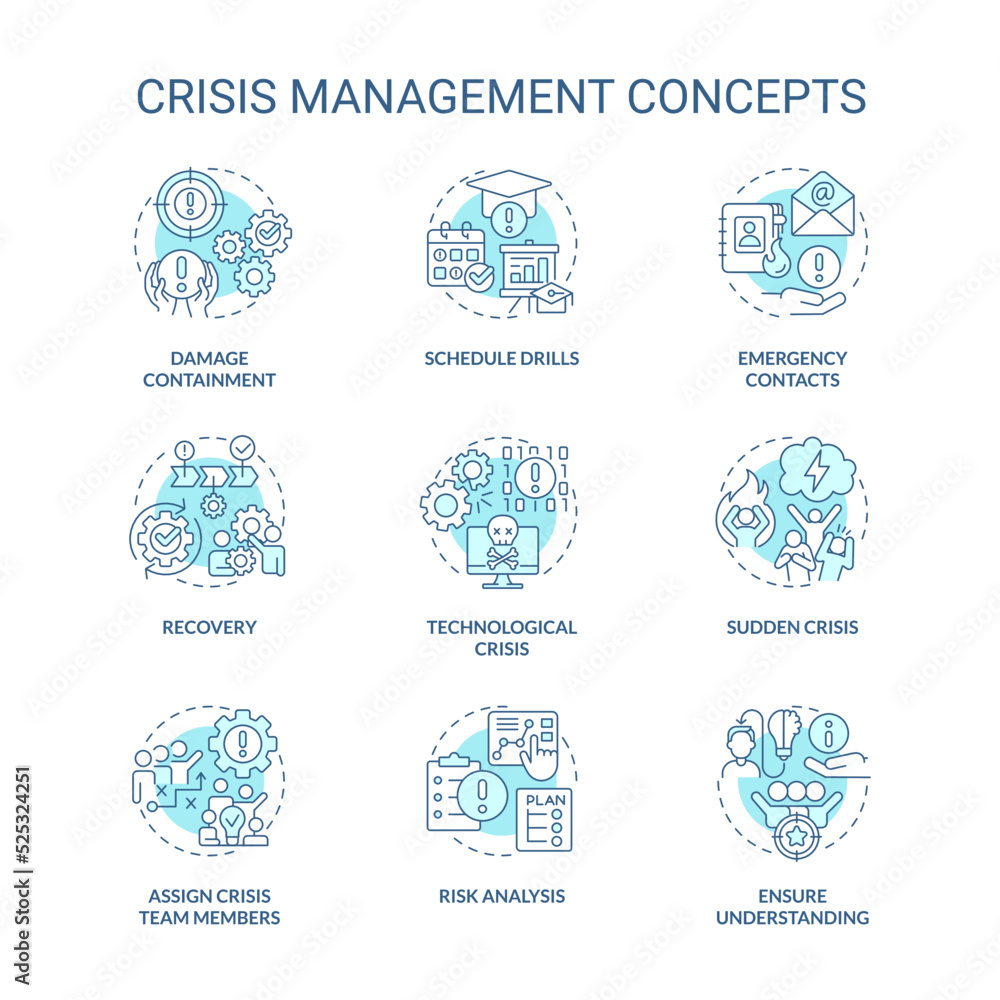 Crisis management turquoise concept icons set. Preventive measures ...