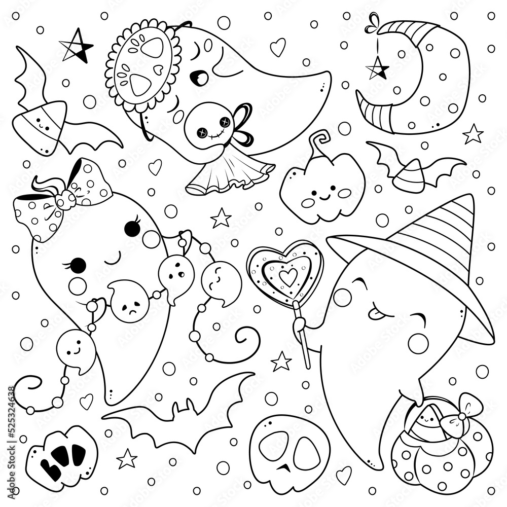 Kawaii ghosts for Halloween coloring page. Outline cartoon vector ...
