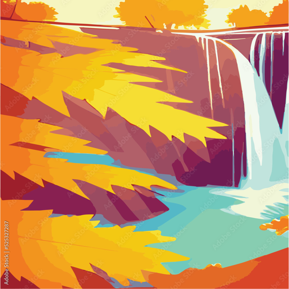 Autumn forest landscape with a cascading waterfall on the rocks. Vector ...
