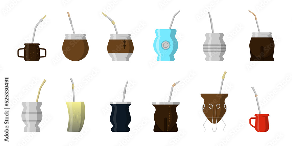2D flat illustration of an argentinian mate tea drink set, Argentine ...