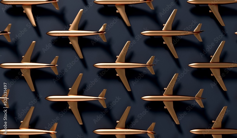 Luxury gold airplane against a dark background. VIP travel concept. 3D ...