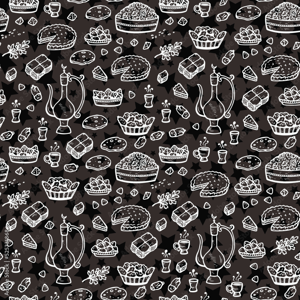 Arabic food vector background. Dishes for Iftar party Seamless Pattern ...