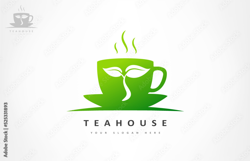 Cup with tea and saucer and tea leaf logo vector. Teahouse cafe design ...