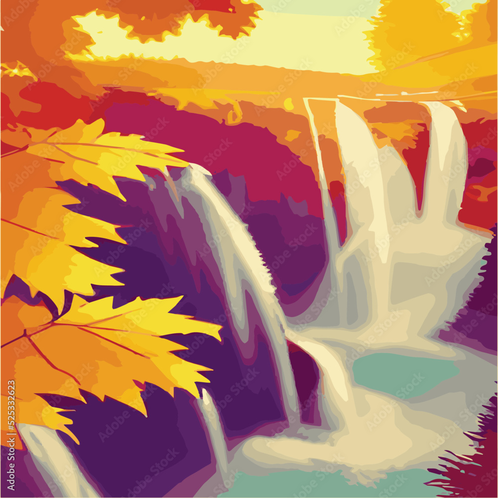 Autumn forest landscape with a cascading waterfall on the rocks. Vector ...