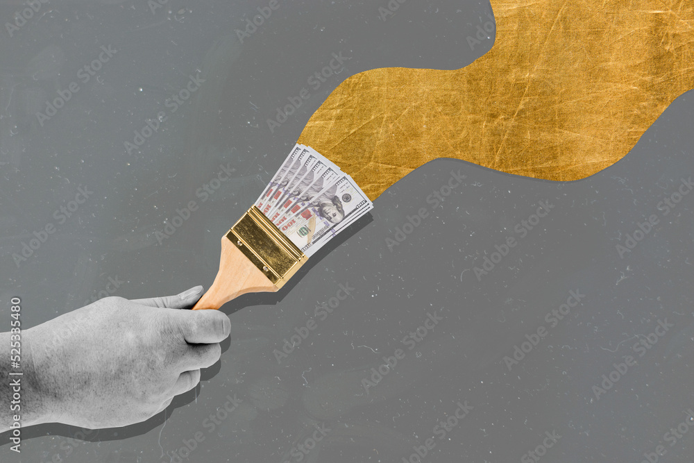 Collage photo of drawing hand golden brush color creative paint reality ...