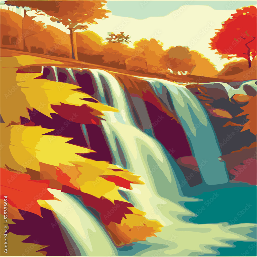 Autumn forest landscape with a cascading waterfall on the rocks. Vector ...