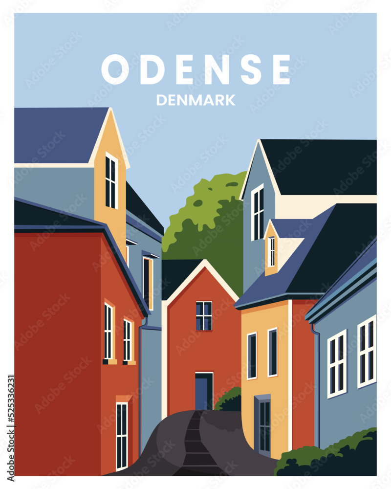 odense denmark poster landscape with houses. vector illustration with ...