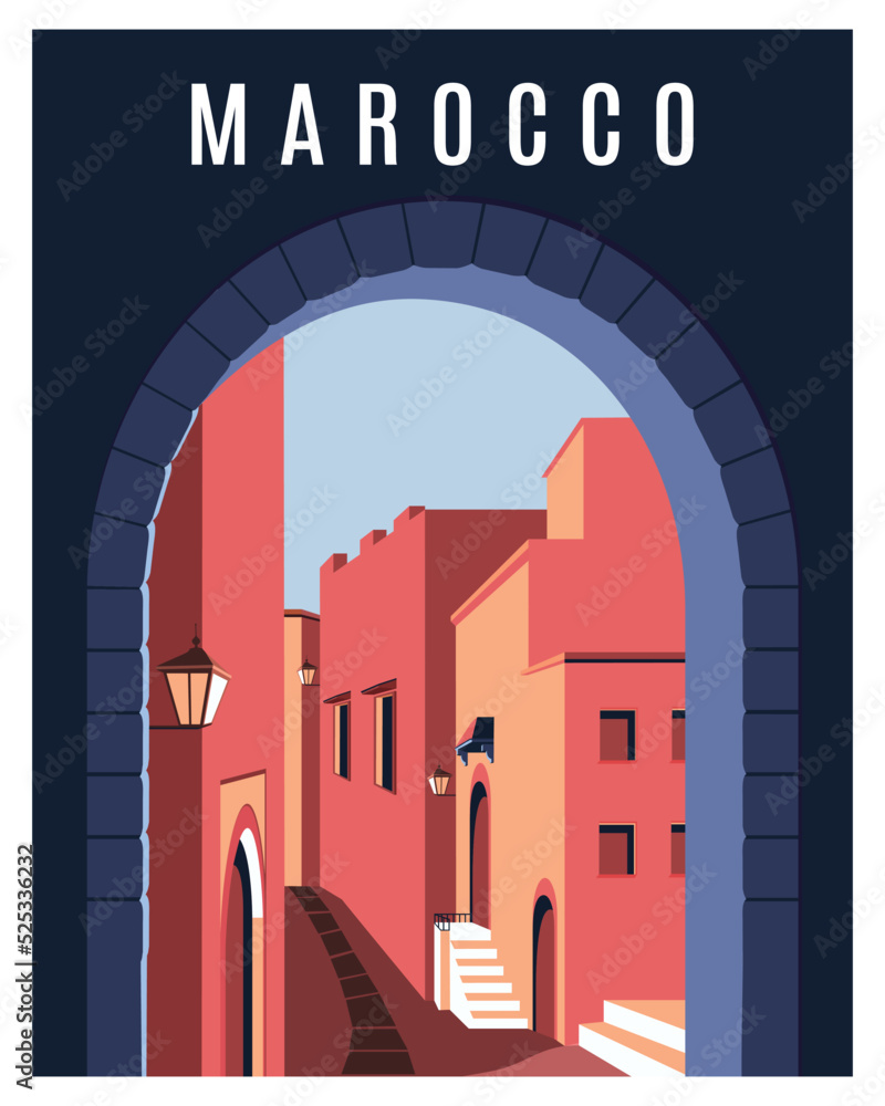 Morocco travel poster. landscape of city with houses. Flat vector ...
