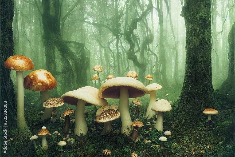 Ancient fairy forest with spooky old knotted trees and mysterious ...