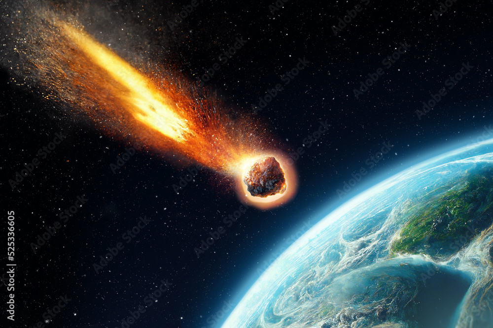 Meteor with flame flies to the Earth. Asteroid and apocalypse. Digital ...