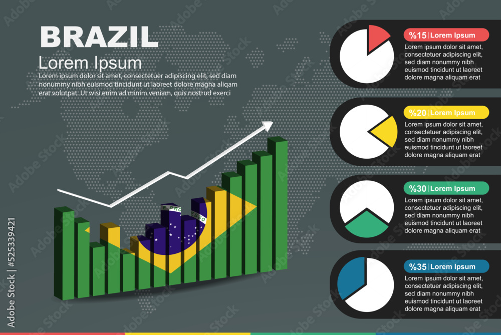 Brazil infographic with 3D bar and pie chart, increasing values, flag ...