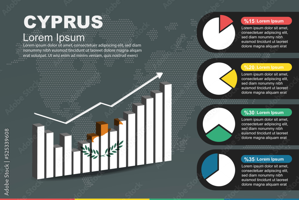 Cyprus infographic with 3D bar and pie chart, increasing values, flag ...