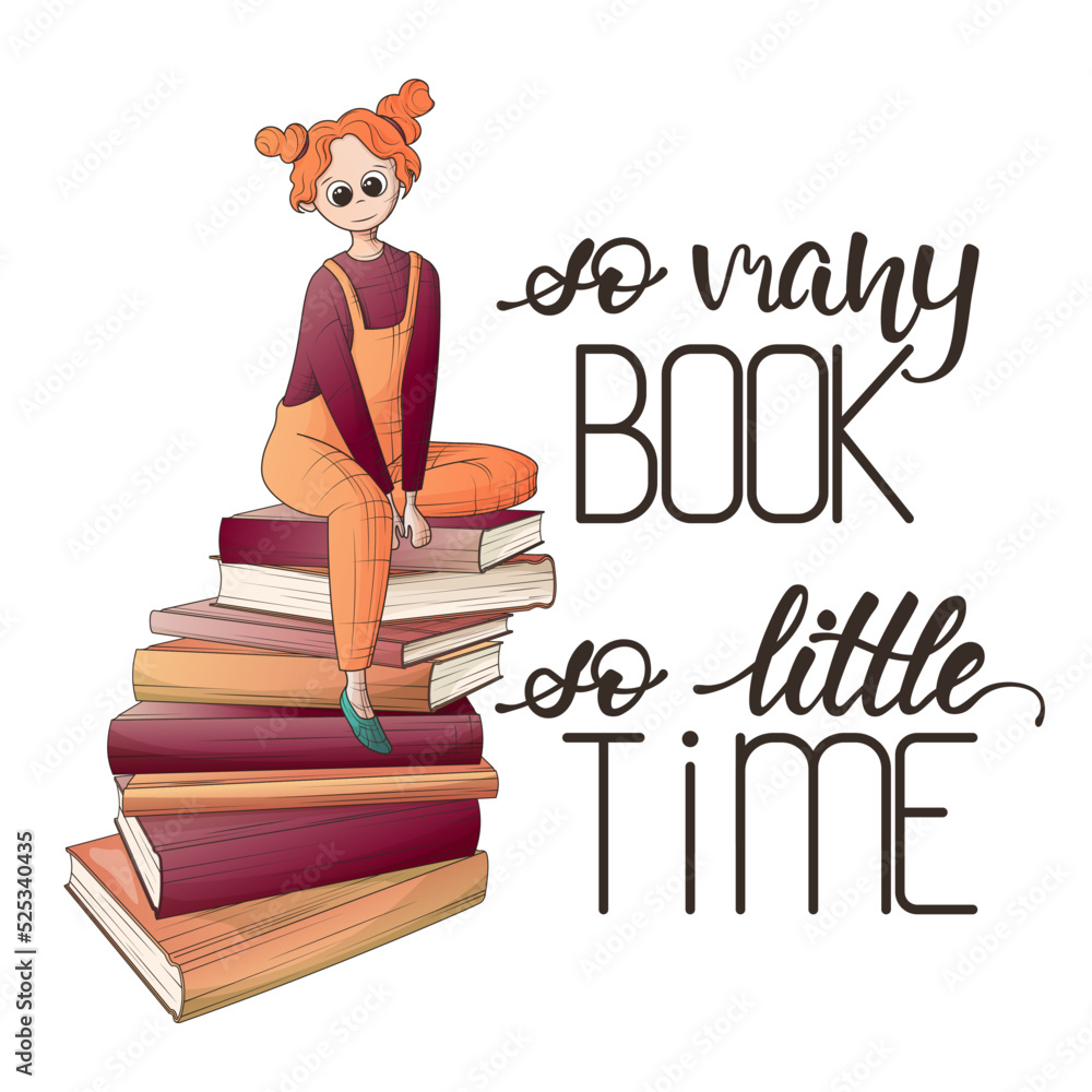 Vector illustration of girl with stack of books. Handwritten lettering ...