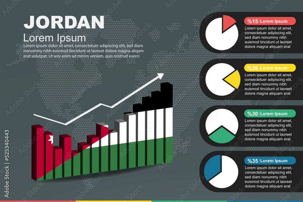 Jordan infographic with 3D bar and pie chart, increasing values, flag ...