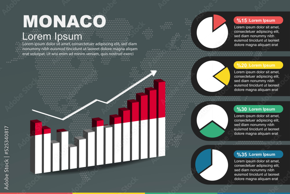 Monaco infographic with 3D bar and pie chart, increasing values, flag ...